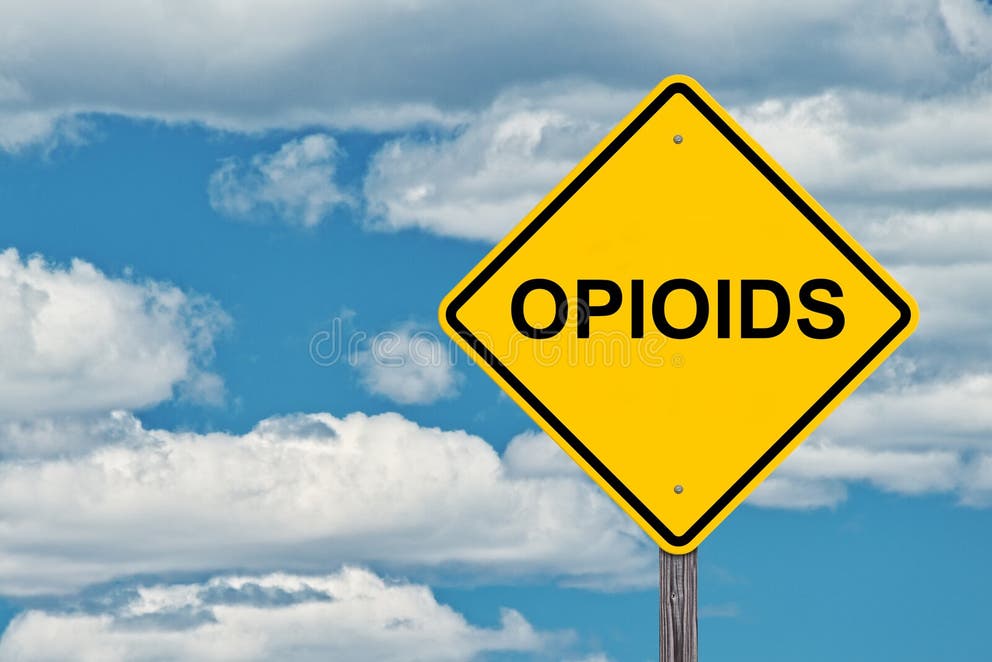 Opioids Ahead Caution Sign - Blue Sky Background Stock Illustration ...