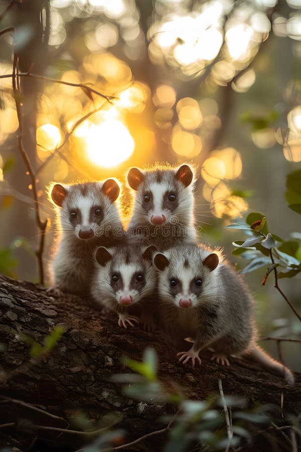 Opossum Family in the Forest with Setting Sun Shining. Stock ...