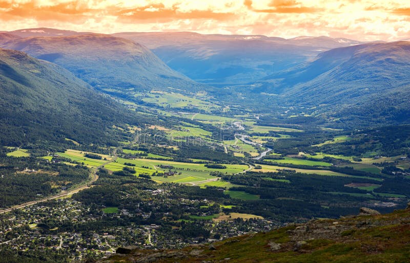 Oppdal Mountain Valley Sunset Background Stock Photo - Image of high ...