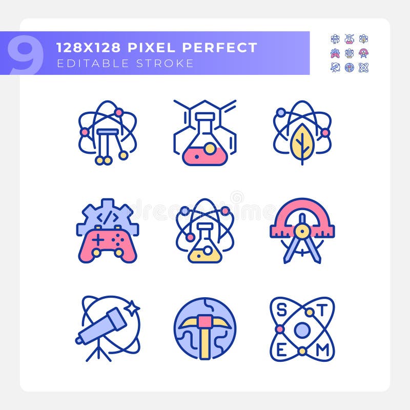 Opportunities of STEM Education Pixel Perfect RGB Color Icons Set Stock ...