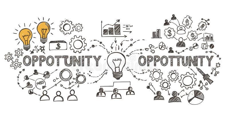 Opportunity Concept with Light Bulb, Graphs, Gears, and Team ...