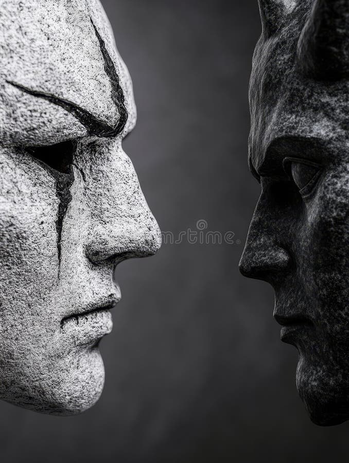 Opposing Forces a Study in Contrast Two Sculpted Faces One Light One ...
