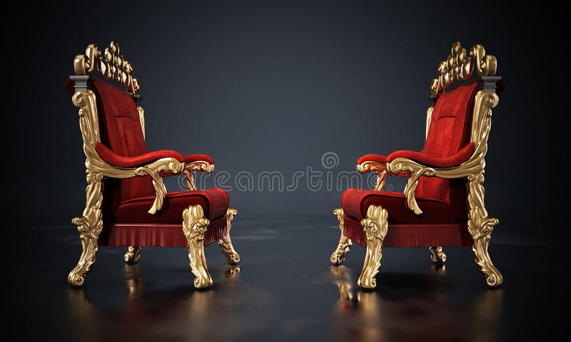 Opposing Two Thrones Standing on Black Surface. 3D Illustration Stock ...