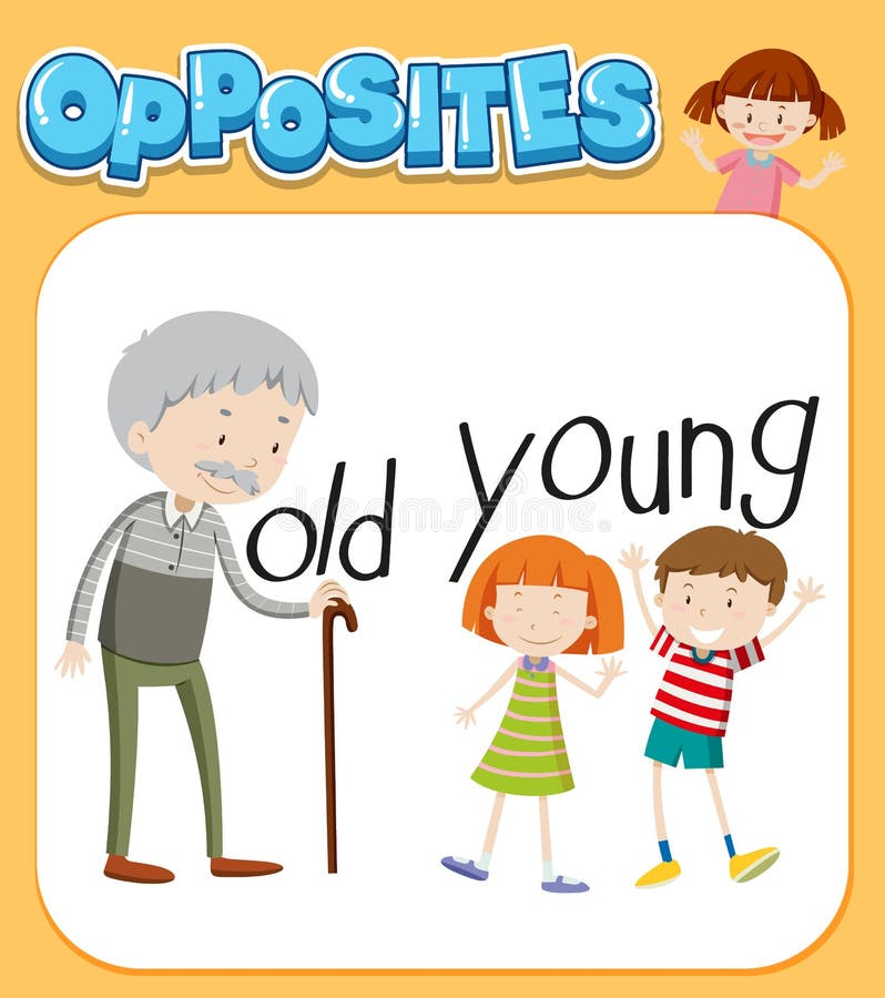 Opposite Young and Old, Words Antonym for Children with Cartoon ...