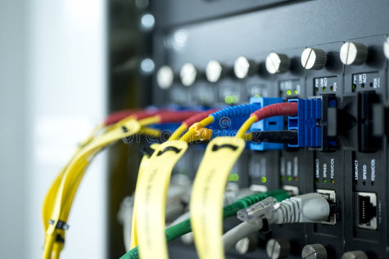 Optic Fiber Connected into Telecommunication Control Panel Stock Photo ...