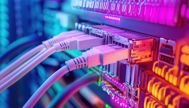 Optic Ports with Fiber Optic Cables and Ethernet Ports with Utp Network ...