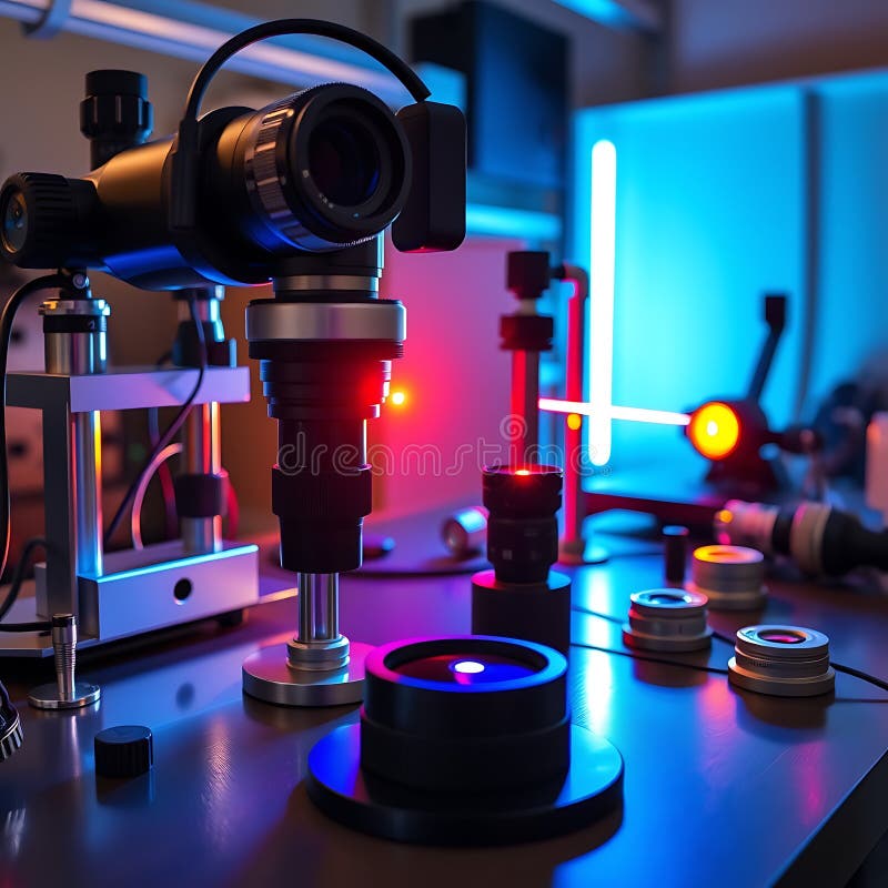An Optical Bench Setup with Various Lenses Mirrors and Laser Lights in ...