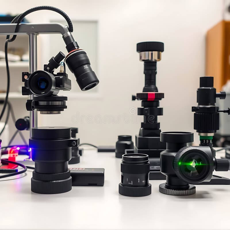An Optical Bench Setup with Various Lenses Mirrors and Laser Lights in ...