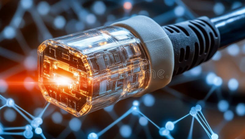 The Optical Fiber Cable Emits a Red and Blue Glow As it Transfers Data ...