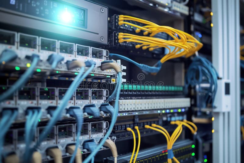 Optical Fiber Cables and Equipment in a Modern Data Center. Blue ...