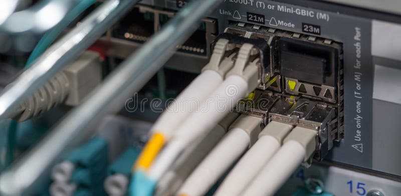 Optical Fiber Connection on the Cloud Network Port Server Stock Image ...