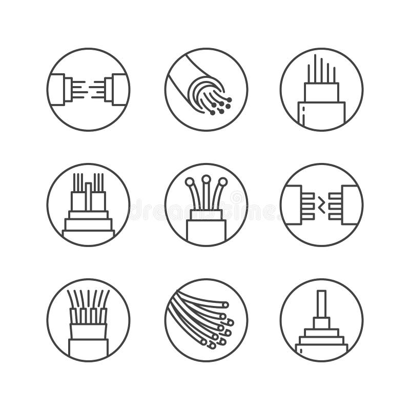 Optical Fiber Flat Line Vector Icons. Network Connection, Computer Wire ...