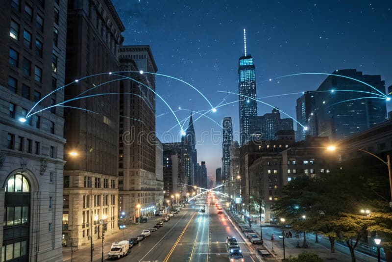 Optical Fiber Network Connection in City Night View - Generated by Ai ...