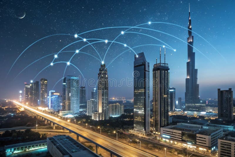 Optical Fiber Network Connection in City Night View - Generated by Ai ...