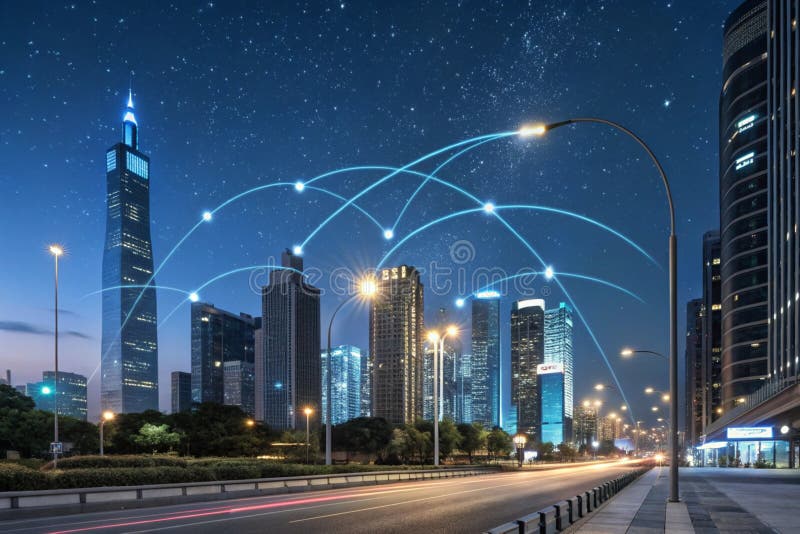 Optical Fiber Network Connection in City Night View - Generated by Ai ...