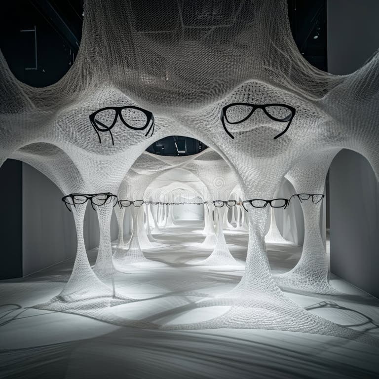 Optical Illusion Art Installation with Floating Glasses in White Net ...