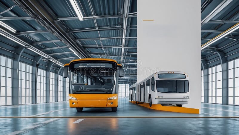 Optical Illusion of Buses in Modern Industrial Garage Stock ...
