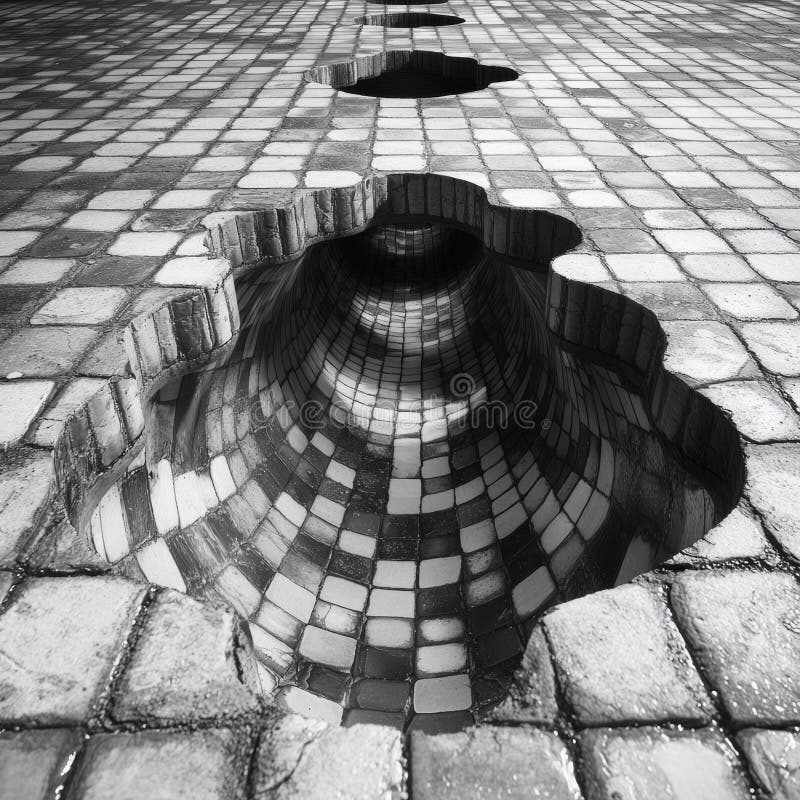 Optical Illusion of Distorted Tiled Pavement with Deep Crater-like ...