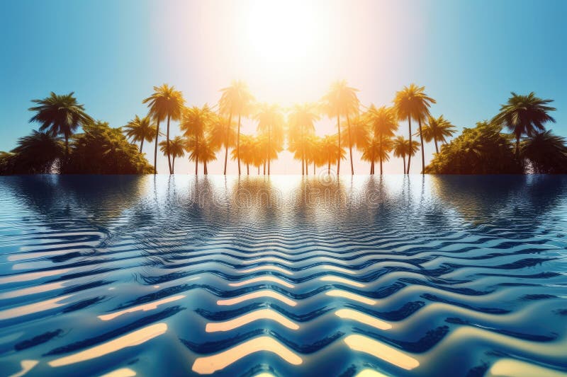 Optical Illusion of Floating Beach with Palms Trees and Sun in the ...