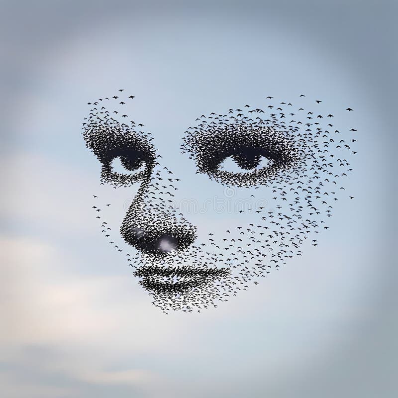 An Optical Illusion of a Human Face in Sky, with a Flock of Birds ...