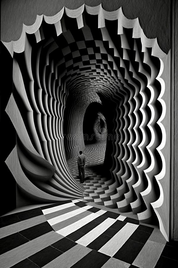 Optical Illusion. Man Stuck in Black and White Corridor, Tunnel Stock ... Optical Illusion. Man Stuck in Black and White Corridor, Tunnel Stock ...