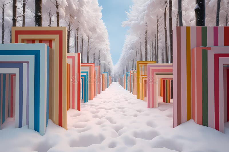 Optical Illusion Photo, a Snow Covered Path with Colorful Rectangular ...