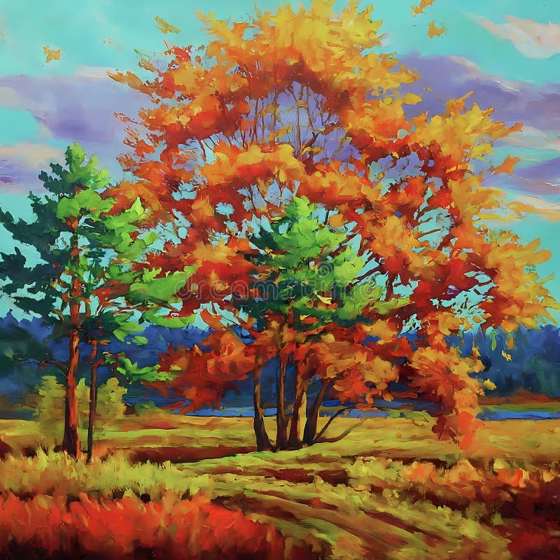 An Optical Illusion of the Trees in a Serene Field, Painting Art Stock ...