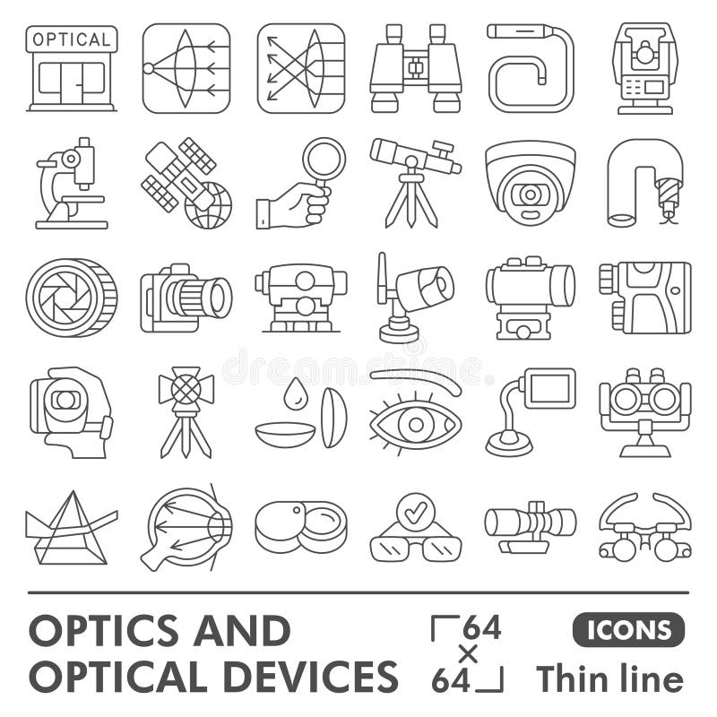 Optical Instruments Symbols Collection or Sketches. Optics Theme Icons ...