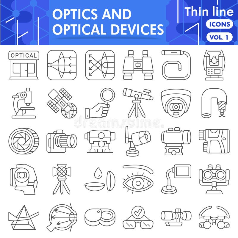 Optical Instruments Symbols Collection or Sketches. Optics Theme Icons ...