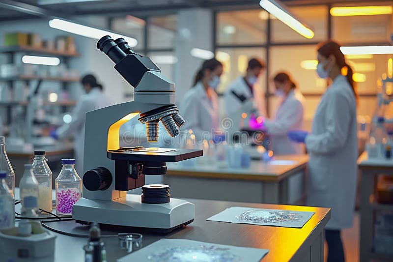 Optical Light Microscope on a Table in a Laboratory and Samples with ...