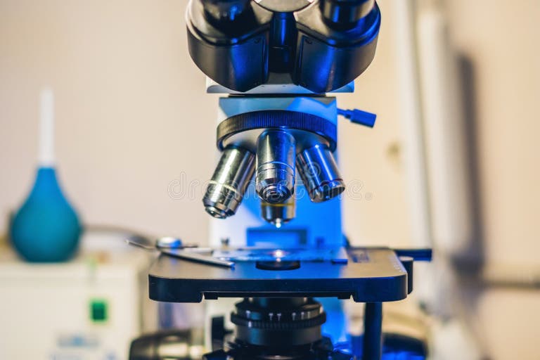 Optical Microscope with Four Different Objective Lenses Stock Photo ...