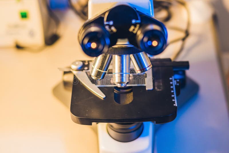Optical Microscope with Four Different Objective Lenses Stock Photo ...