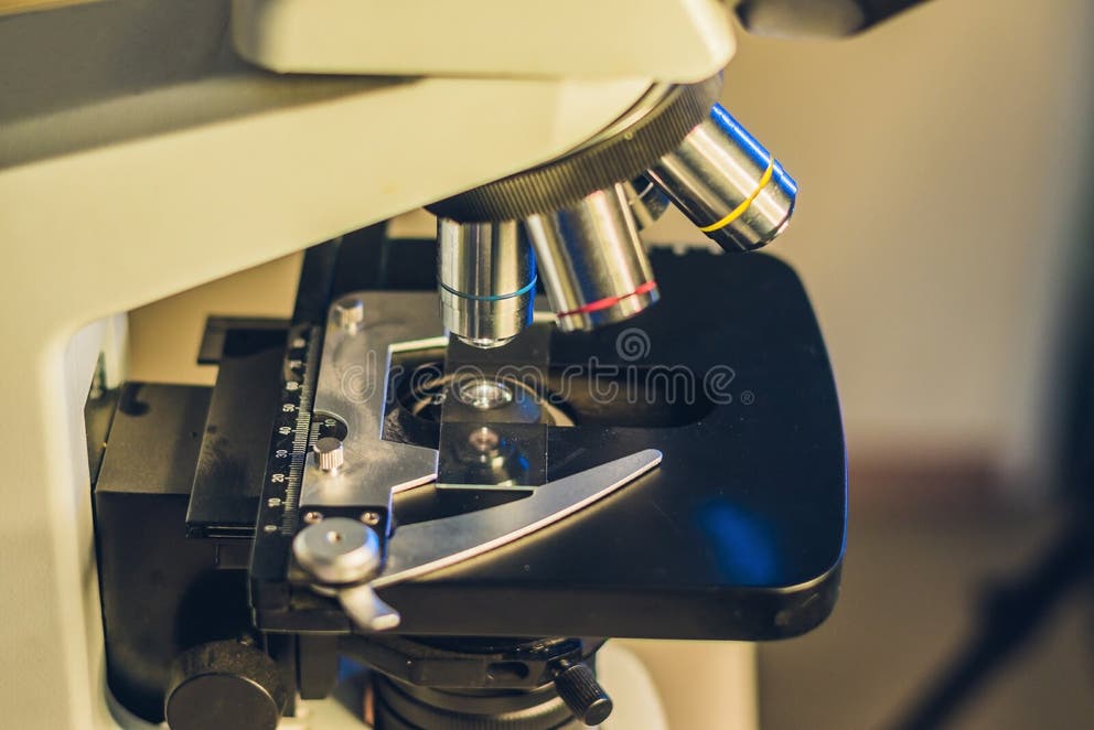 Optical Microscope with Four Different Objective Lenses Stock Photo ...