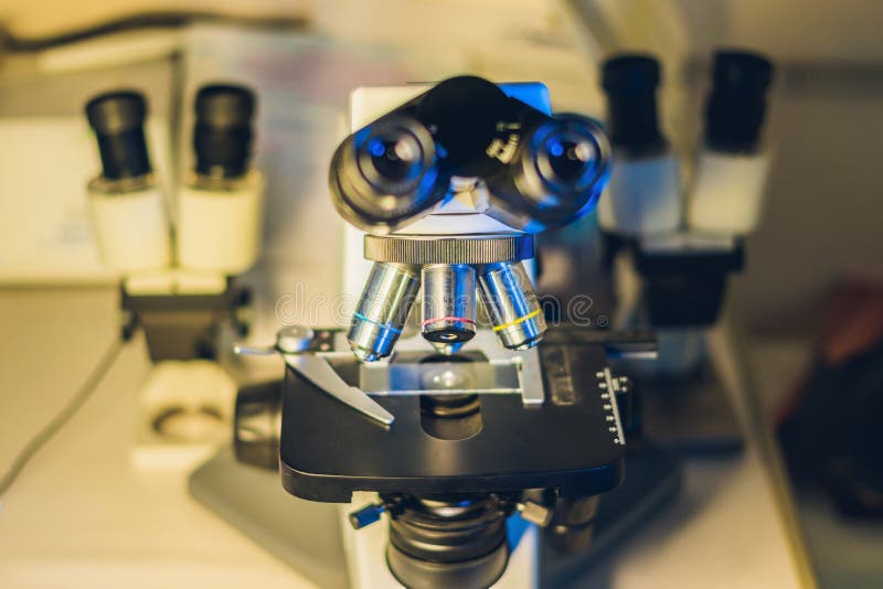 Optical Microscope with Four Different Objective Lenses Stock Image ...