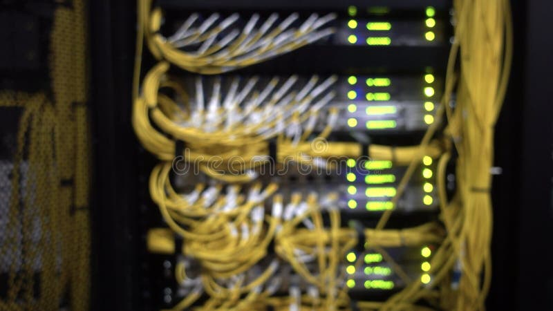 Optical Network Yellow Cables Installed in the Rack. Blink Lamp ...