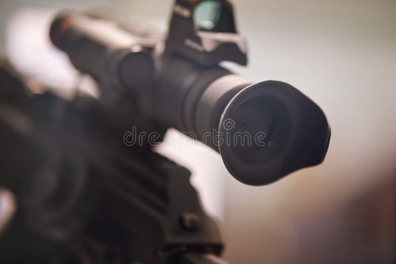 Optical Sight on a Sniper Rifle. Optical Sight on the Weapon Stock ...