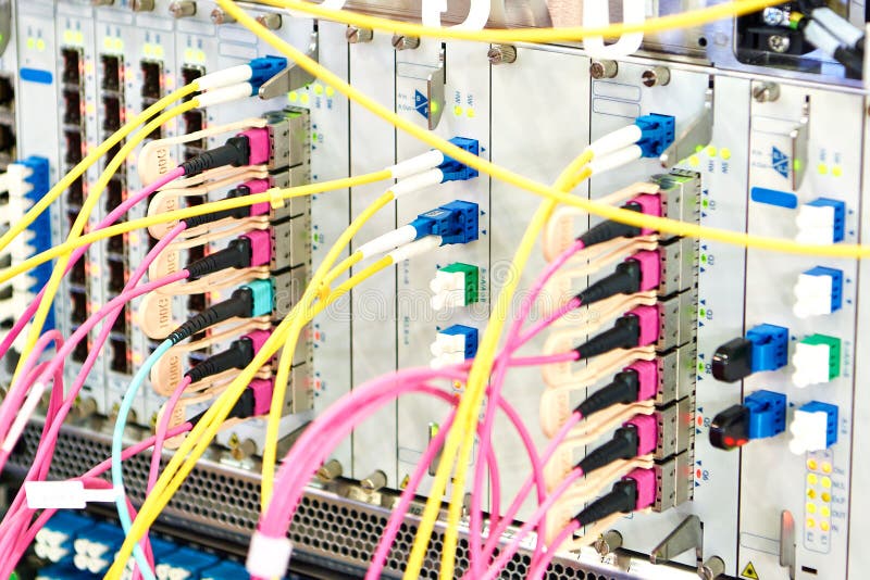 Optical Transport Systems. Fiber Optic Cables on Switch Stock Photo ...