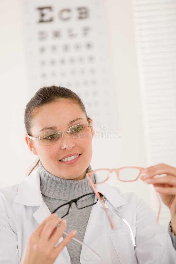 Optician Doctor Woman with Glasses and Eye Chart Stock Image - Image of ...
