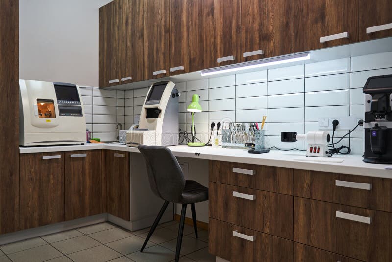 Optician Workplace with Modern Optical Equipment and Tools Stock Photo ...
