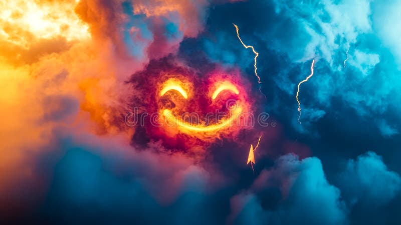 Optimism Concept with Happy Face in Dramatic Sky with Lightning Stock ...