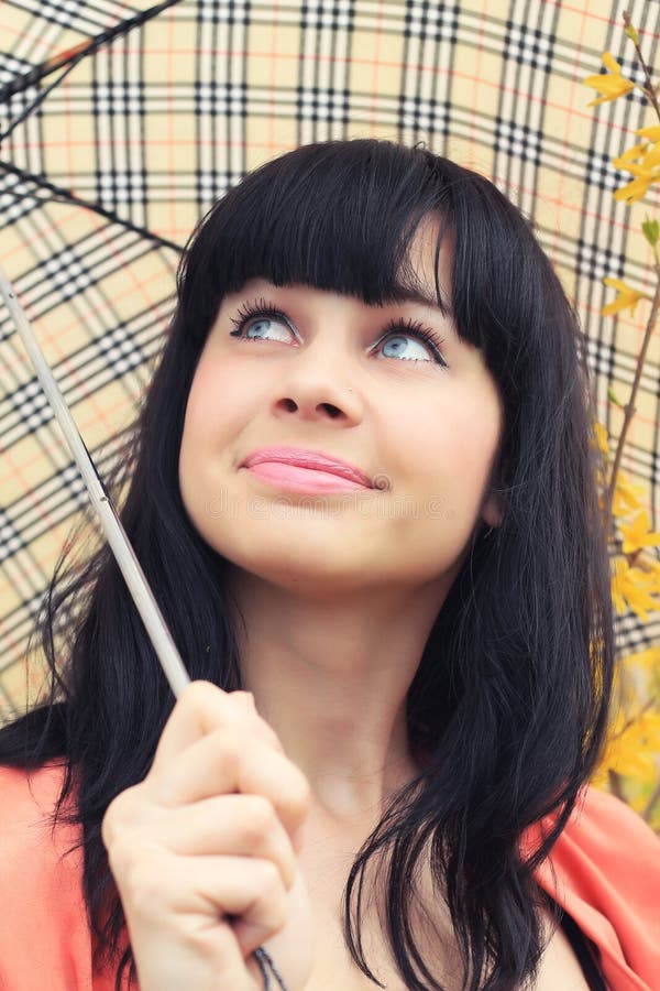 Optimistic Brunette Girl Under the Umbrella Stock Photo - Image of ...