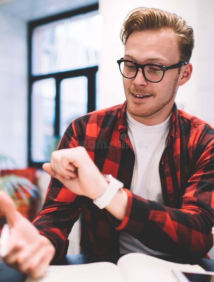 Optimistic Guy Checking Time in Coffee Bar Stock Photo - Image of cafe ...
