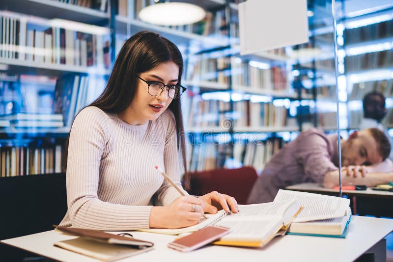 Optimistic Lady Reading in Bright Modern Library Stock Image - Image of ...