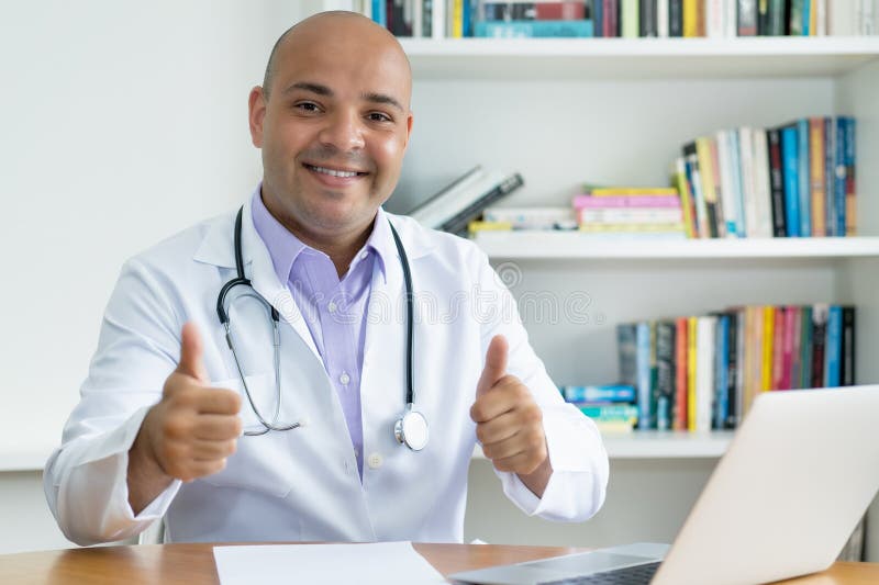 Optimistic Medical Scientist or Doctor with Bald Working at Computer ...