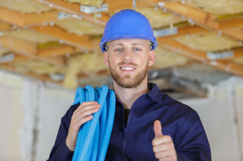 Optimistic Worker Builder Man Shows Thumb Up Stock Image - Image of ...