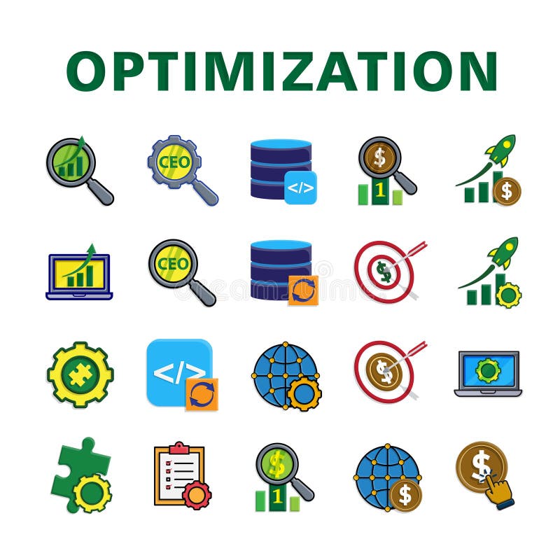 Optimization Icon Set. Database, Workflow, SEO, Network, Digital ...