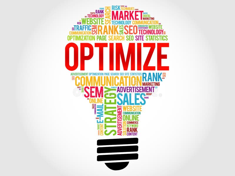 OPTIMIZE bulb word cloud stock illustration. Illustration of optimise ...