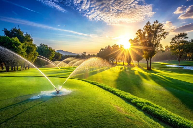 Optimized Golf Course Fairway Irrigation WideAngle View of Modern ...