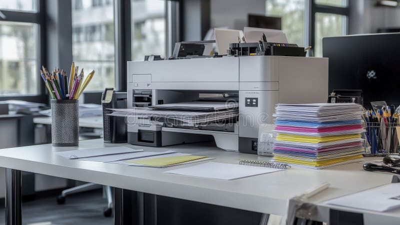 Optimized Office Environment Color Printer and Paper Stack in a Bright ...
