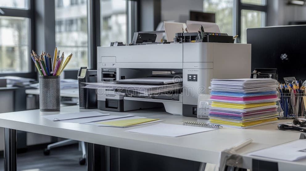 Optimized Office Environment Color Printer and Paper Stack in a Bright ...